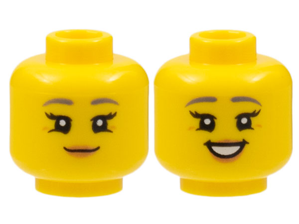 Minifigure, Head Dual Sided Female Dark Bluish Gray Eyebrows, Black Eyelashes, Medium Nougat Lips, Grin / Open Mouth Smile with Teeth Pattern, 3626pb2964 Yellow U