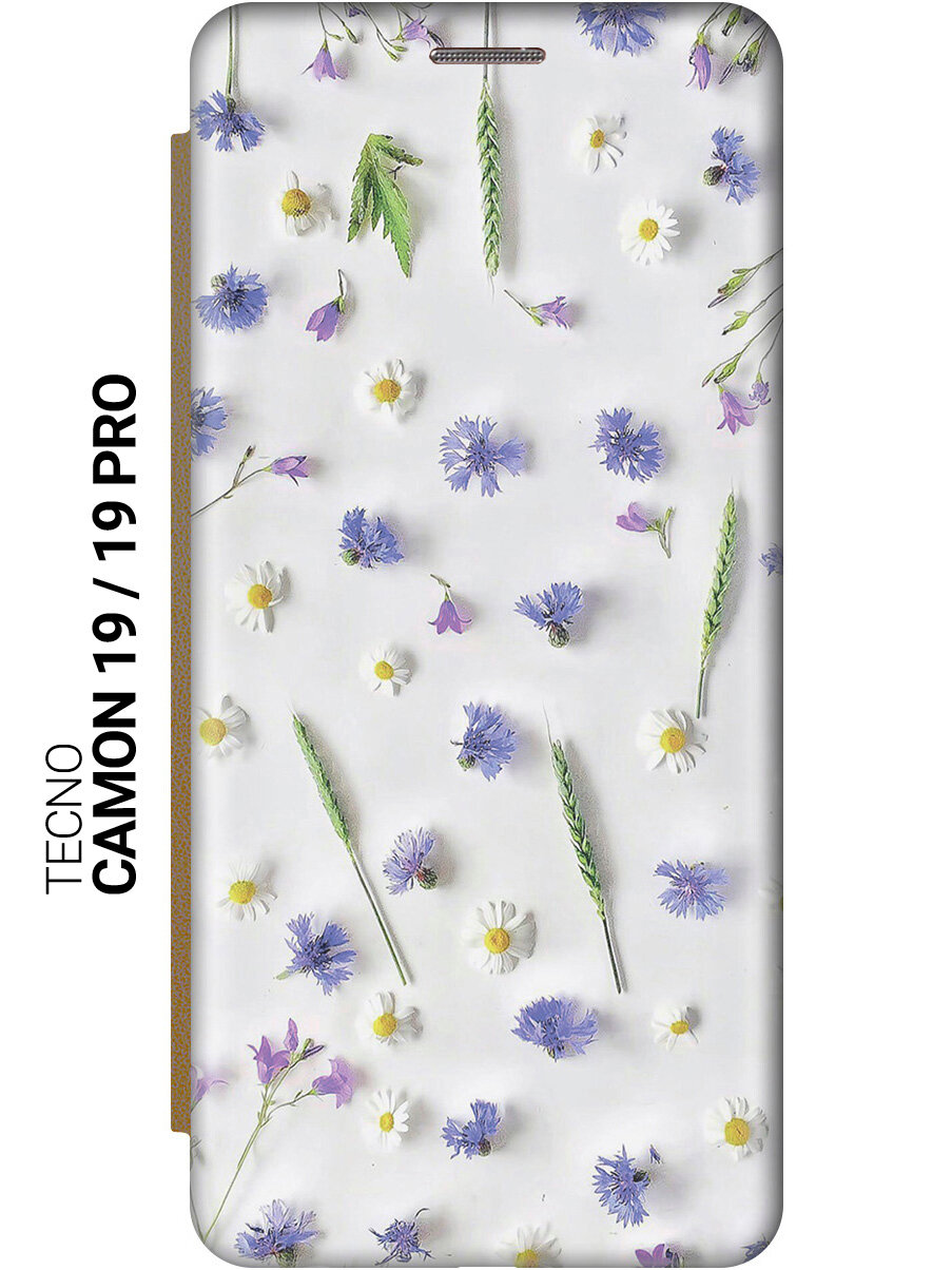 Чехол-книжка на Tecno Camon 19 / 19 Pro / Техно Камон 19 / 19 Про с рисунком "Ромашки и колоски" золотой