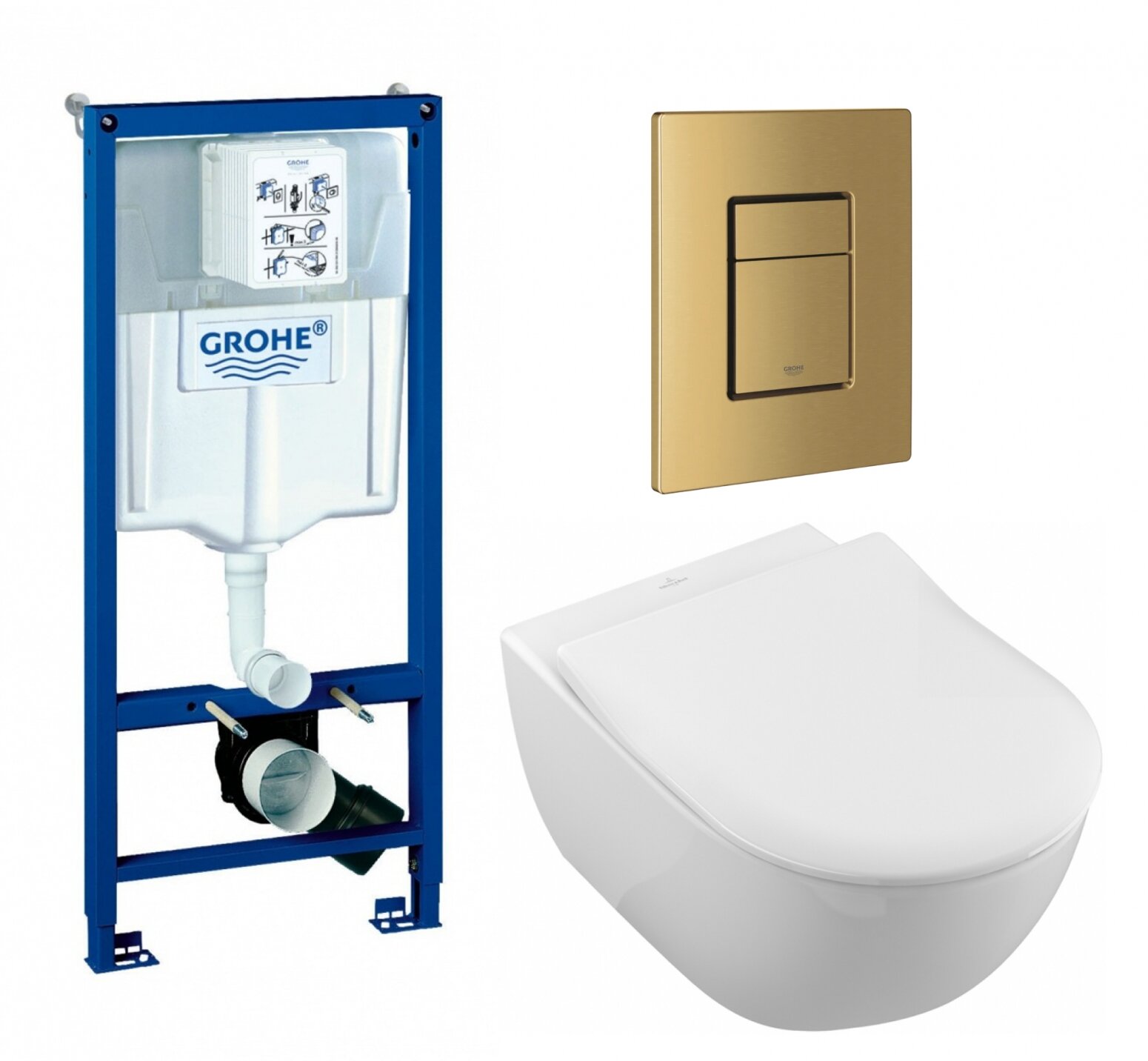 Комплект 3 в 1 инсталляция Grohe Rapid SL + Унитаз подвесной Villeroy & Boch Subway 2.0 5614R201 + кнопка золото, холодный рассвет матовый
