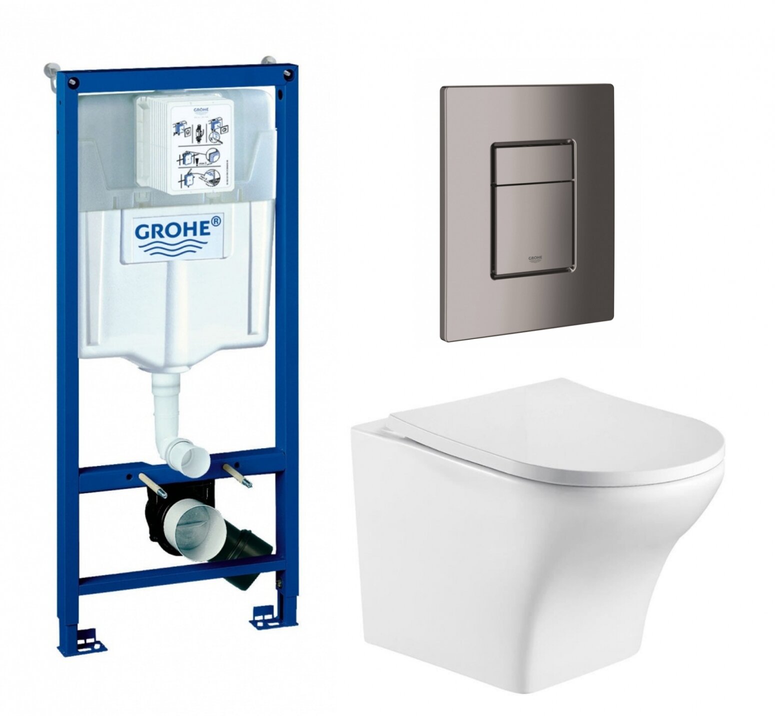Комплект 3 в 1 инсталляция Grohe Rapid SL + Подвесной унитаз WeltWasser Odenbach 004 GL-WT + кнопка темный графит