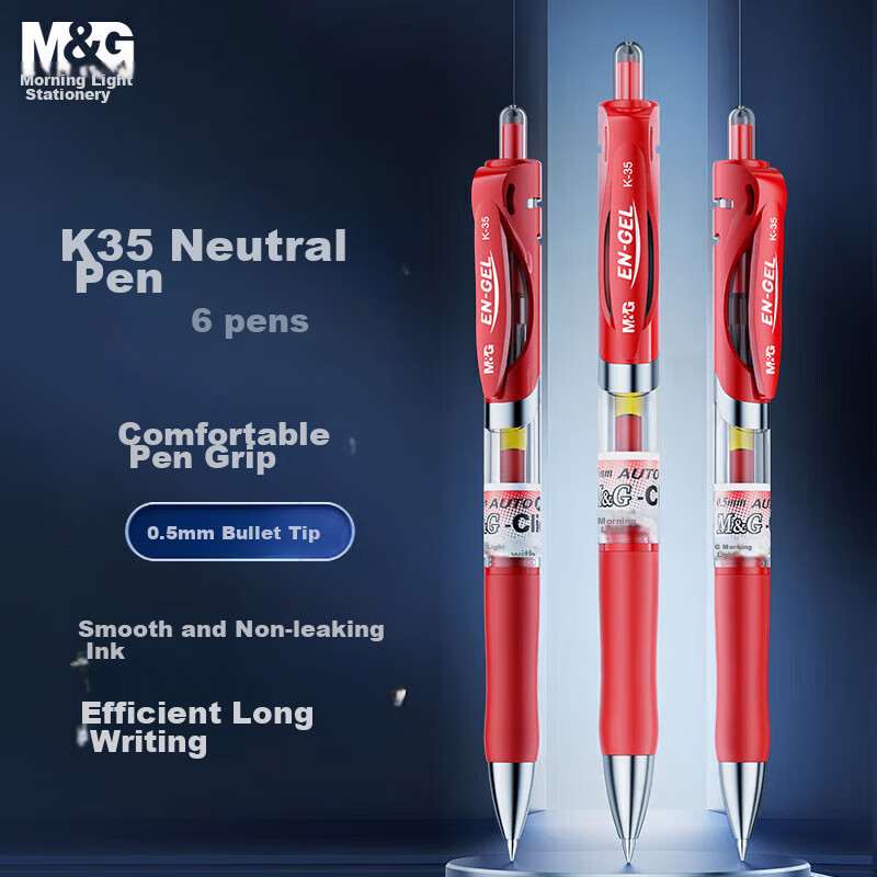 Chenguang (M&G) Retractable Gel Pen K35/0.5mm Red Gel Pen, Retractable Signature Pen, Classic Bullet Tip Red Ink Pen, 6 Pcs