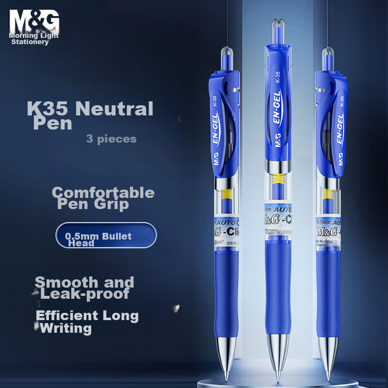 Chenguang (M&G) Retractable Gel Pen K35/0.5mm Blue Gel Pen, Classic Retractable Bullet Tip, Carbon Ink Signing Pen, Blue Pen, Water-Based Pen, for Teachers And Office Use, Stationery Signing Pen, 3 Pieces