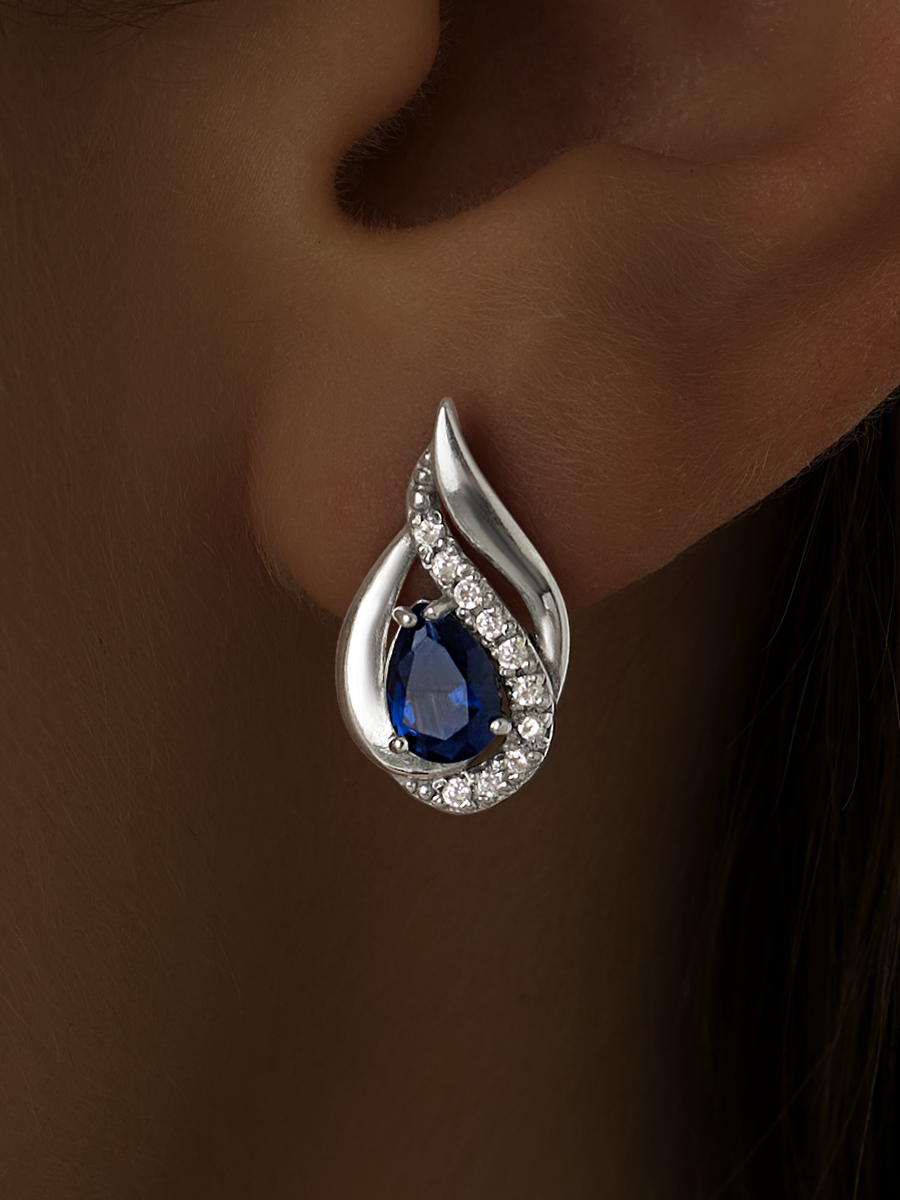 Серьги, серебро, 925 проба, родирование, фианит, сапфир
