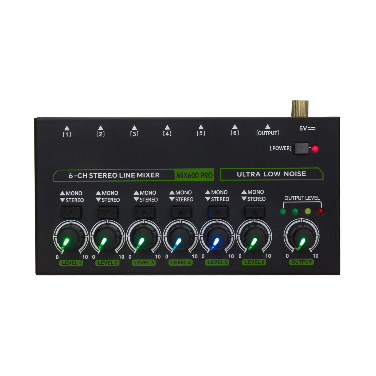 6-Канальный аудиомикшер Мини аудиомикшер Стерео Моно Переключение Вход 6.35mm TRS/TS Металлический корпус Тип-C Аудиопроцессор Сверхнизкошумный Микшер Независимая Ручка регулировки громкости для гитары бас-гитары сцены Черный 14.6*7.6*3см Материал металл