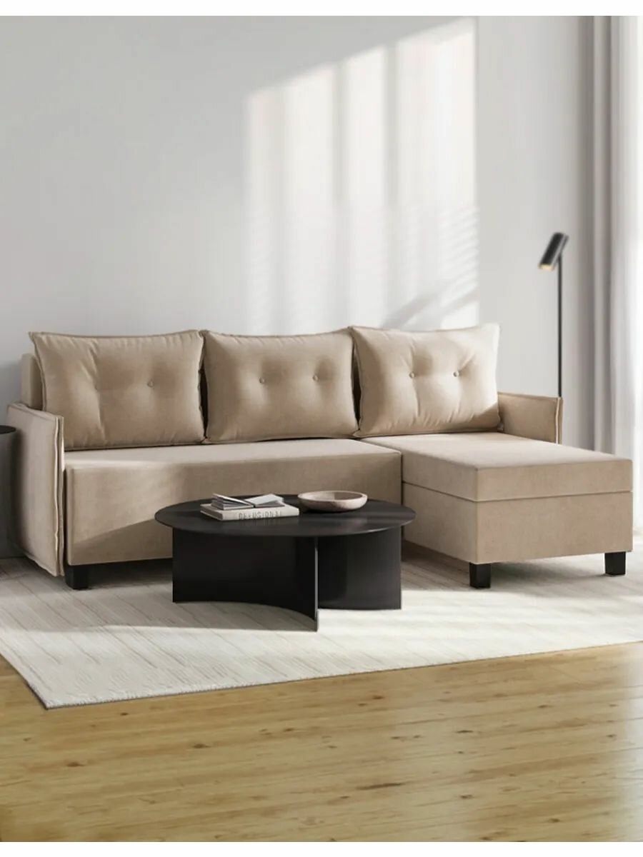 Диван кровать угловой Глэдис раскладной, плоские пружины змейка, тик-так, со съемными подушками, 131х203 см спальное место, Латте, велюр