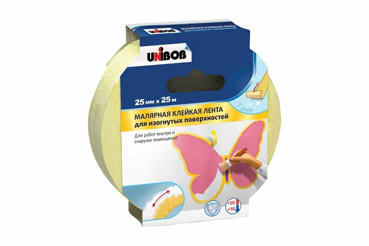 UNIBOB Лента малярная Профи 25 мм х 25 м для изогнутых поверхностей желтая