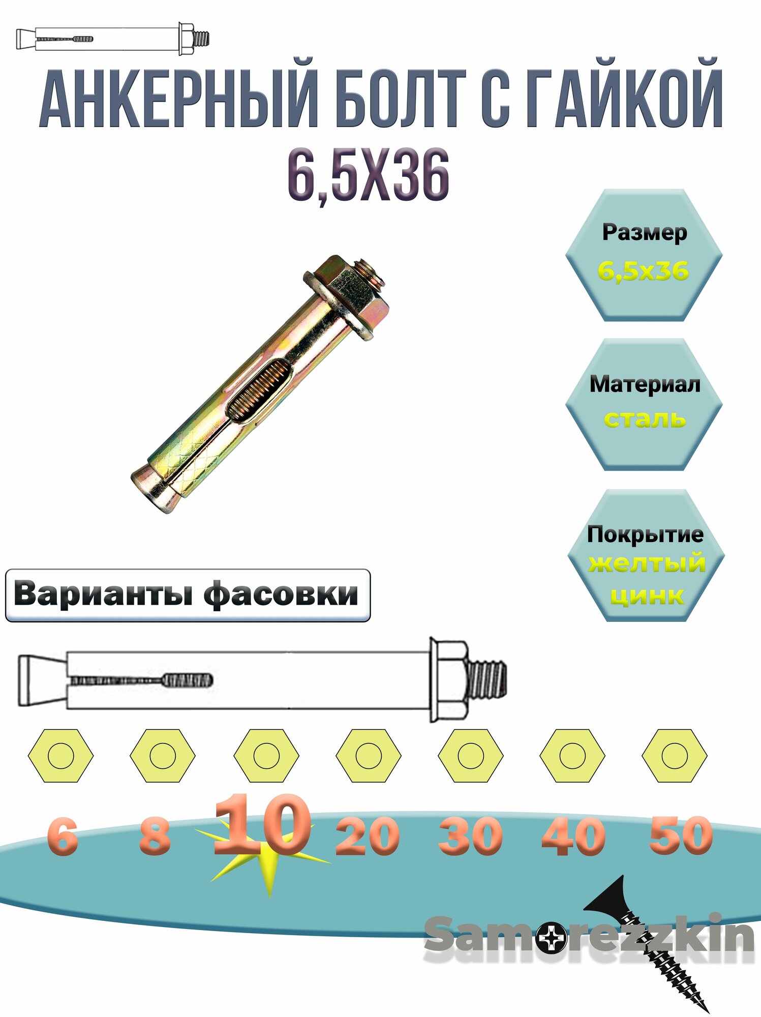 Анкер болт с гайкой 6,5х36