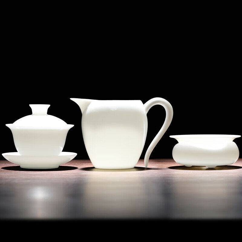 Boshi White Porcelain Sancai Gaiwan Three-Piece Set, Mutton-Fat Jade Teacup, Single Serving Bowl, 3-Yun Chu Gaiwan Yanxiang Three-Piece Set