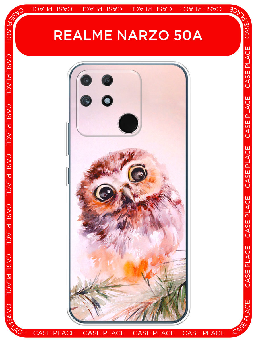 Чехол на Realme Narzo 50A / Реалми Нарзо 50A с принтом Сова на розовом