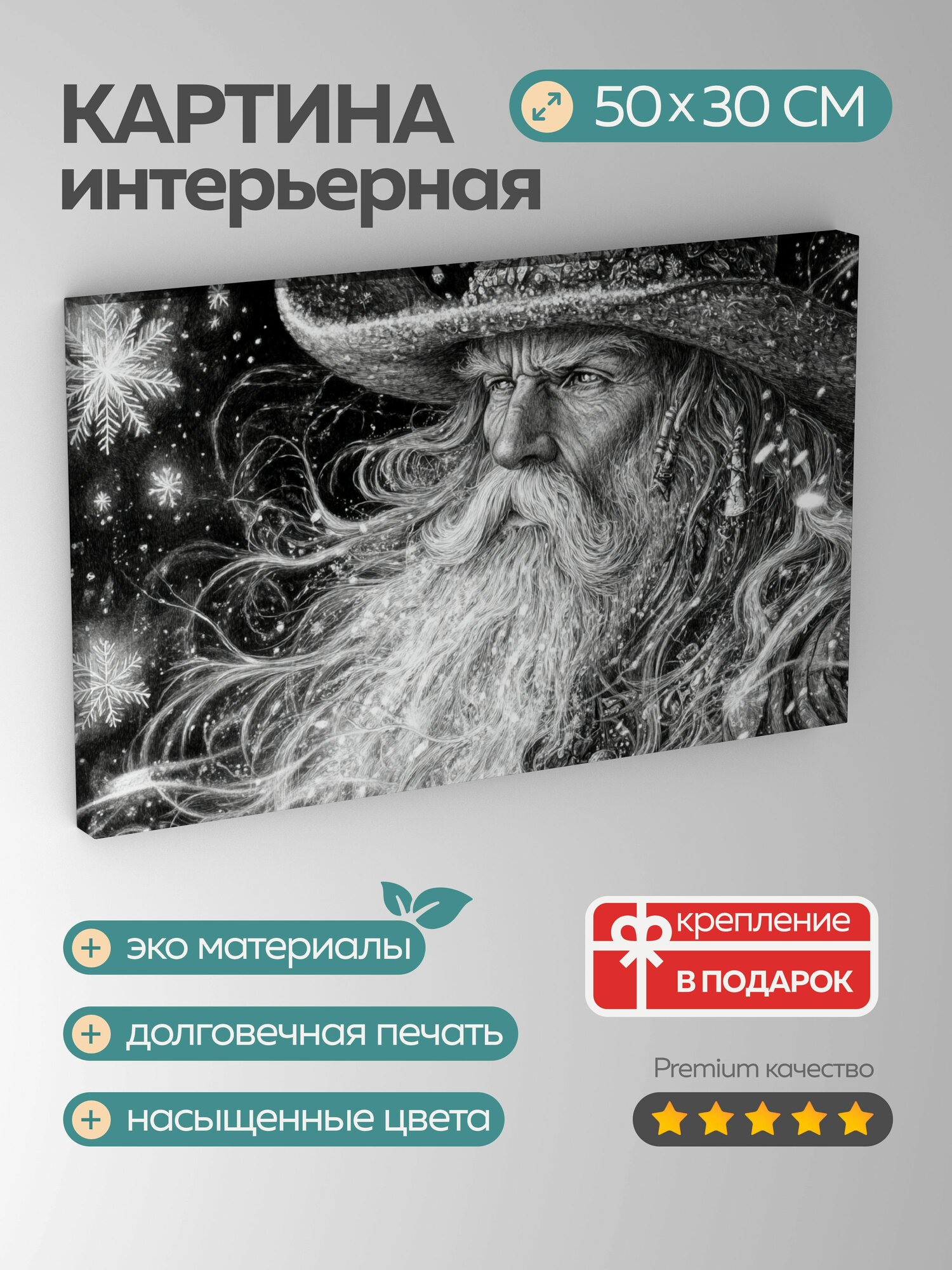 Картина на холсте интерьерная 50х30 см, волшебник, уголь, зима, снежинки, ледяной ветер, мудрость, мистическая сила