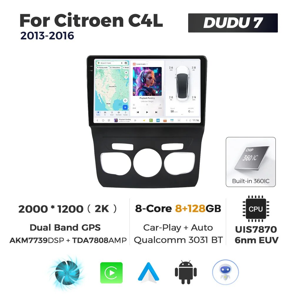 DUDUAUTO DUDU7 Android 13 автомагнитола 4G Для Ситроен C4 C4L 2 B7 2013 - 2016 Навигация GPS TDA7808 AKM7739 Беспроводной Carplay AUTO DUDU7 8G-128G-360IC