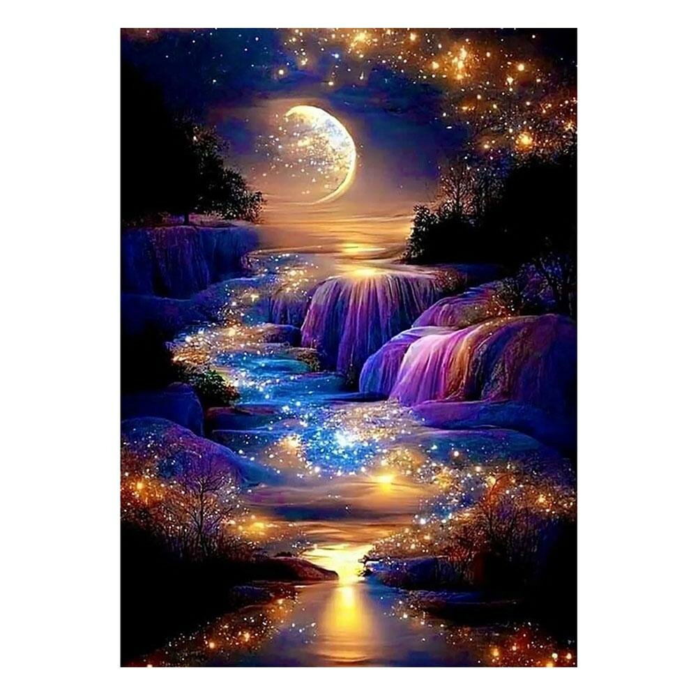 Алмазная мозаика "Лунный водопад" 5D 30x40 см, светящиеся стразы, без подрамника