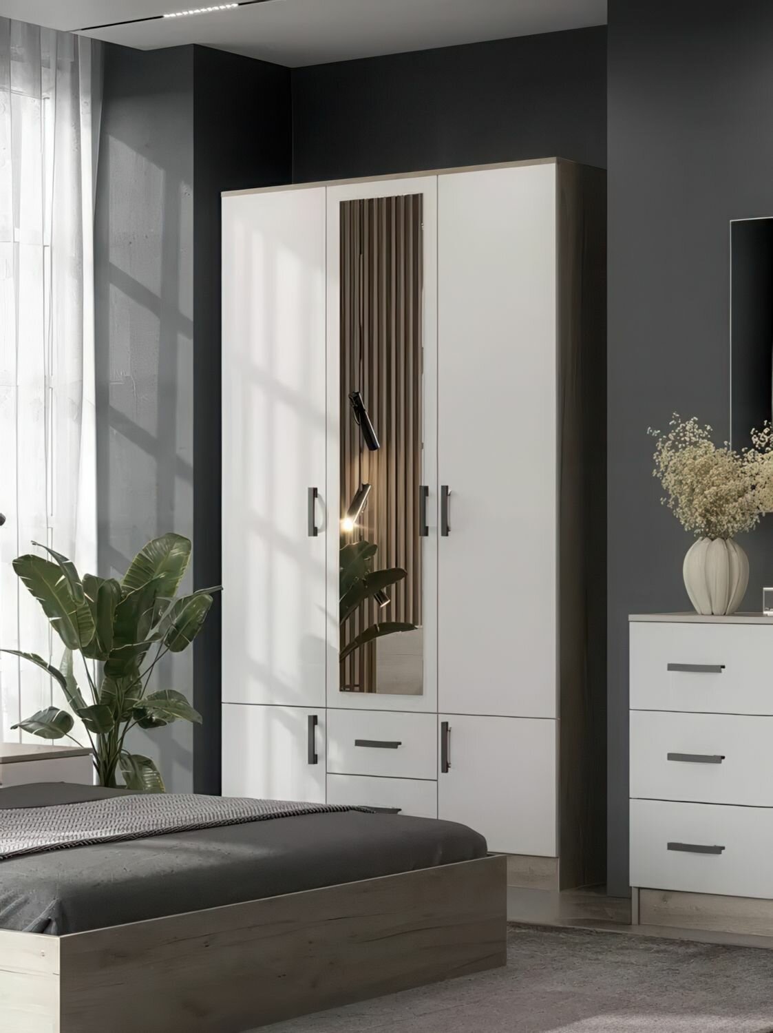 ARNIKA Шкаф для одежды распашной с зеркалом Ронда, 120х52х212 см, дуб крафт серый, белый