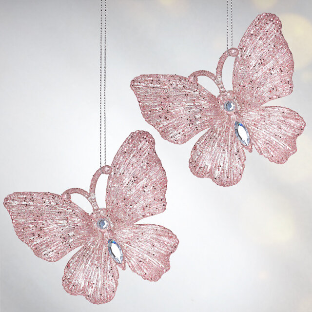 Елочная игрушка Бабочка Аурелия 11 см, 2 шт, розовая, подвеска, Koopman, CAA222040