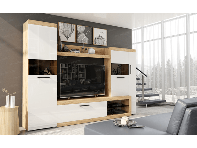 Современная Гостиная с глянцевыми фасадами, (Дуб Вотан / Белый глянец)