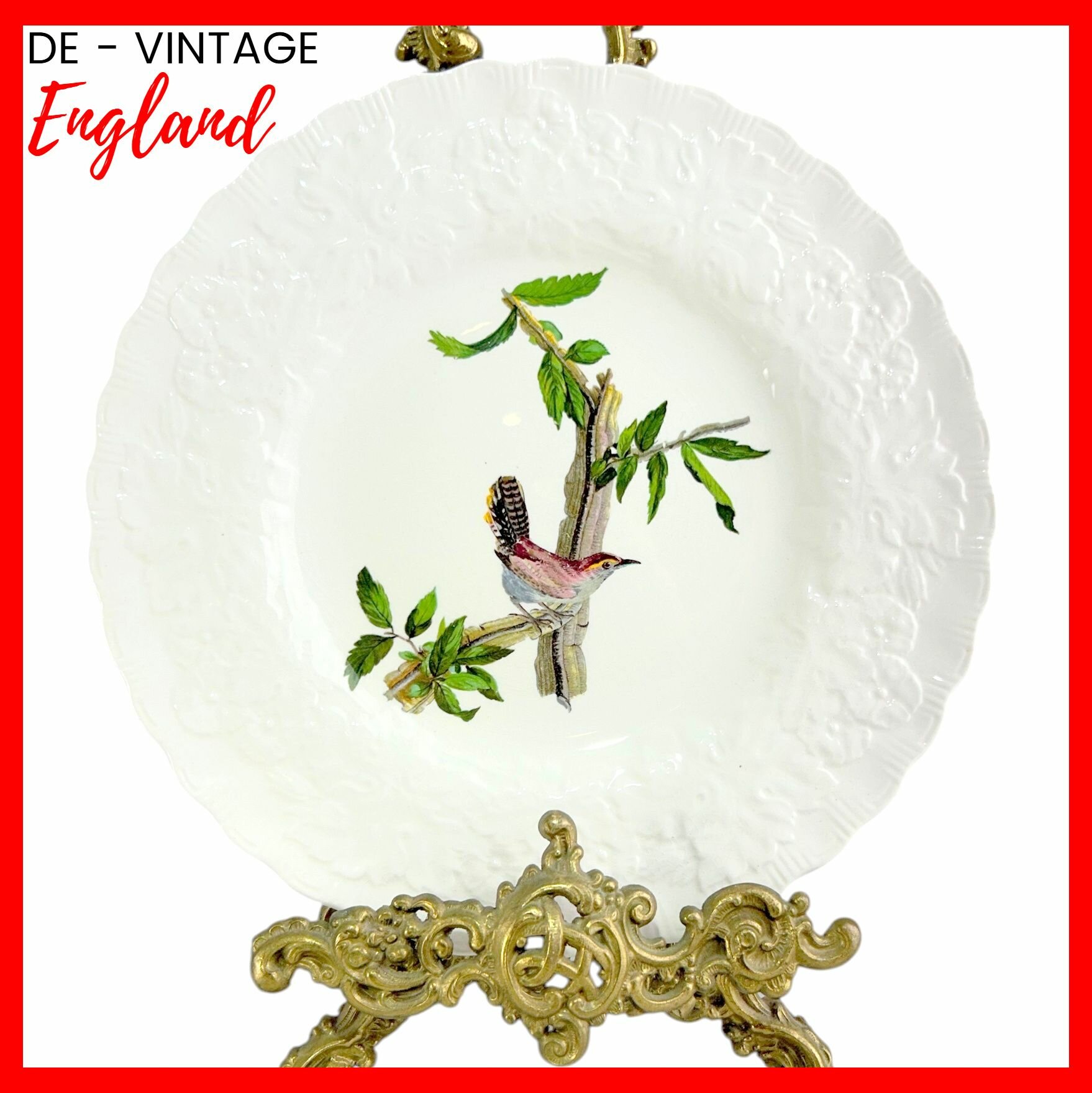 Декоративная винтажная тарелка Длиннохвостый крапивник, Alfred Meakin, кракелюр. США