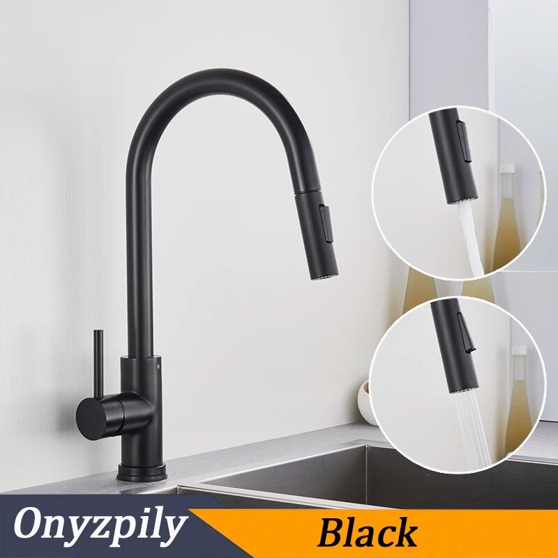 Матовый умный сенсорный датчик кухонного крана, вращение на 360, выдвижной смеситель с одной ручкой, два режима воды, раковина, кран, горячая и холодная вода, Black no sensor