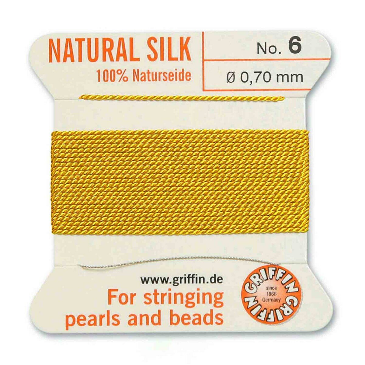 Нить шелковая, Griffin No.6 (0.7мм), жёлтая, с иглой, моток, 2 метра