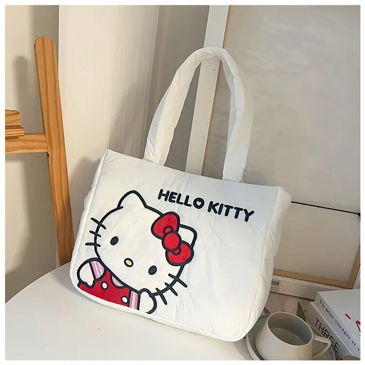 Sanrio Kawaii Hello Kitty Kuromi Tote Сумки милая моя мелодия Pochacco Cartoon вниз по хлопковым валовым сумке для плеч подарки для девочек, white, SKU02929