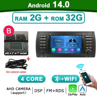 Автомагнитола Carplay, 7 дюймов, Android 14, для BMW 5 серии E39 X5 E53 M5 1995-2007, Android, автомобильный мультимедийный плеер 4G, Wi-Fi, стерео, bluetooth CBL-2G32G-Andr14-B