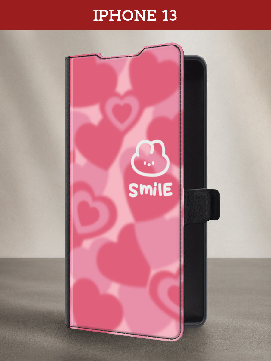 Чехол-книжка на Apple iPhone 13 / Айфон 13 с принтом bunny smile, черный
