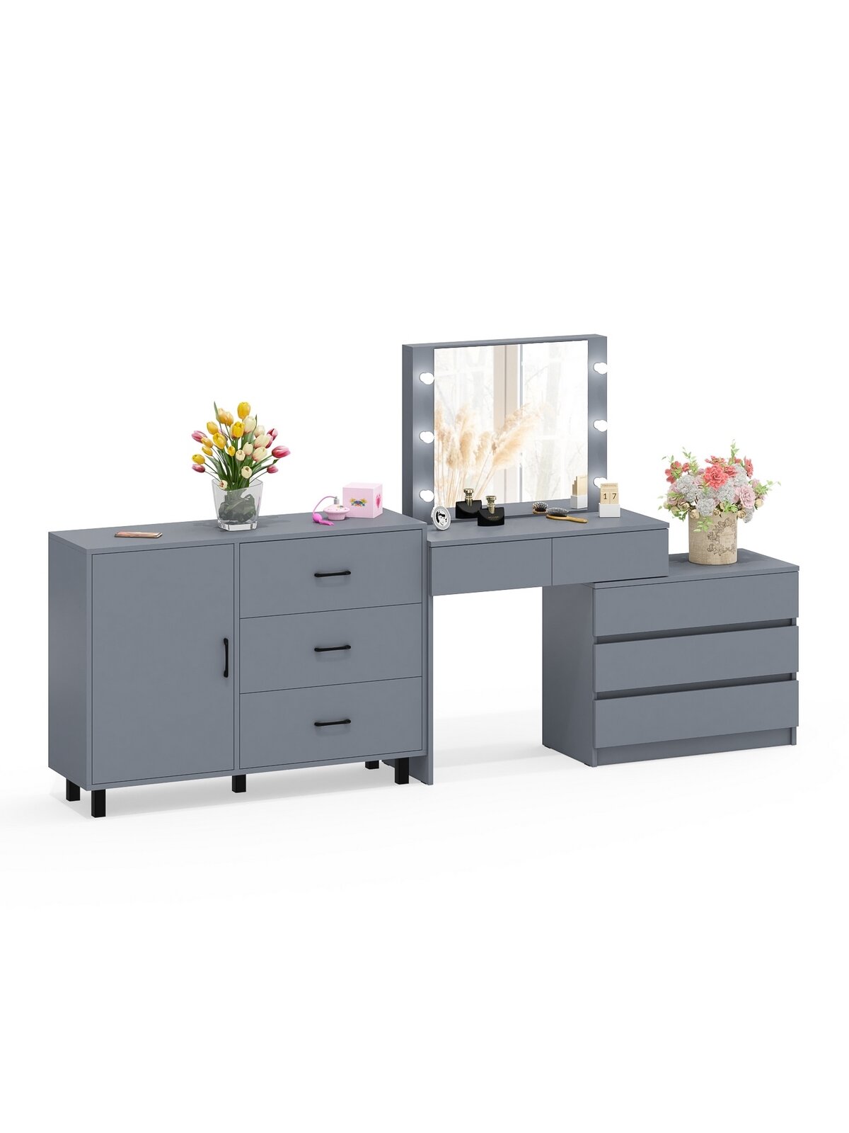 Угловой туалетный столик с подсветкой 110 и тумба-комод дверка и 3 ящика 122-1204, графит, 262,4х40х142,5 см