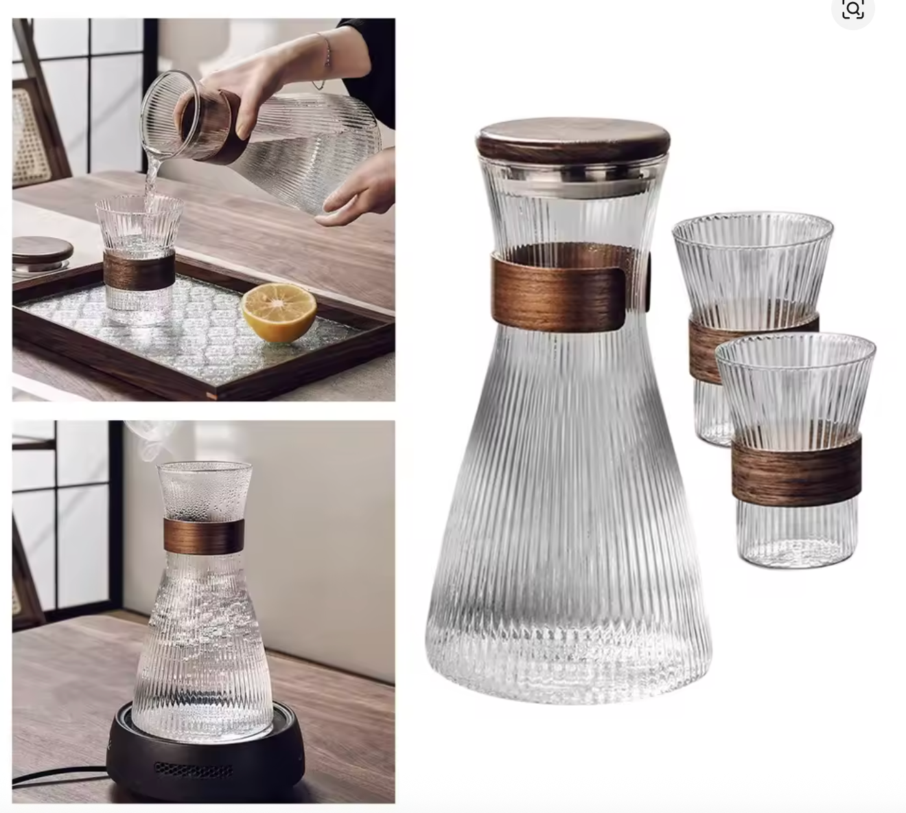 Стеклянный графин с бамбуковой крышкой и 4 стаканами набор для элегантной сервировки