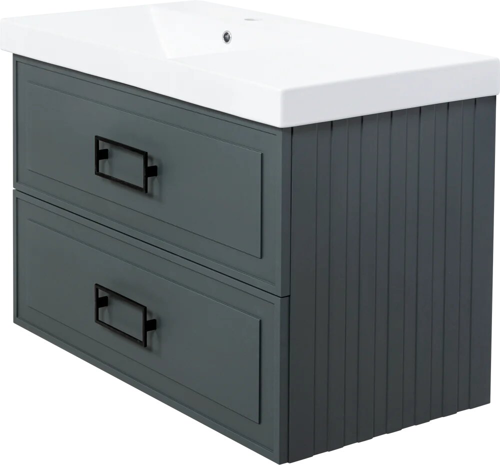 Тумба с раковиной La Fenice Cubo Twin 90 L подвесная, 90,5 см, серая, матовая, из МДФ, с ящиками, раковина для ванной, фаянсовая, прямоугольная, встроенный слив-перелив