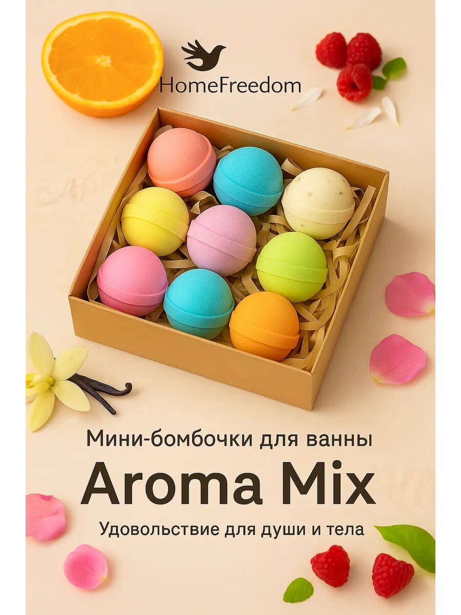 Мини-бомбочки для ванны HomeFreedom «Арома микс», 9 шт, набор подарочный