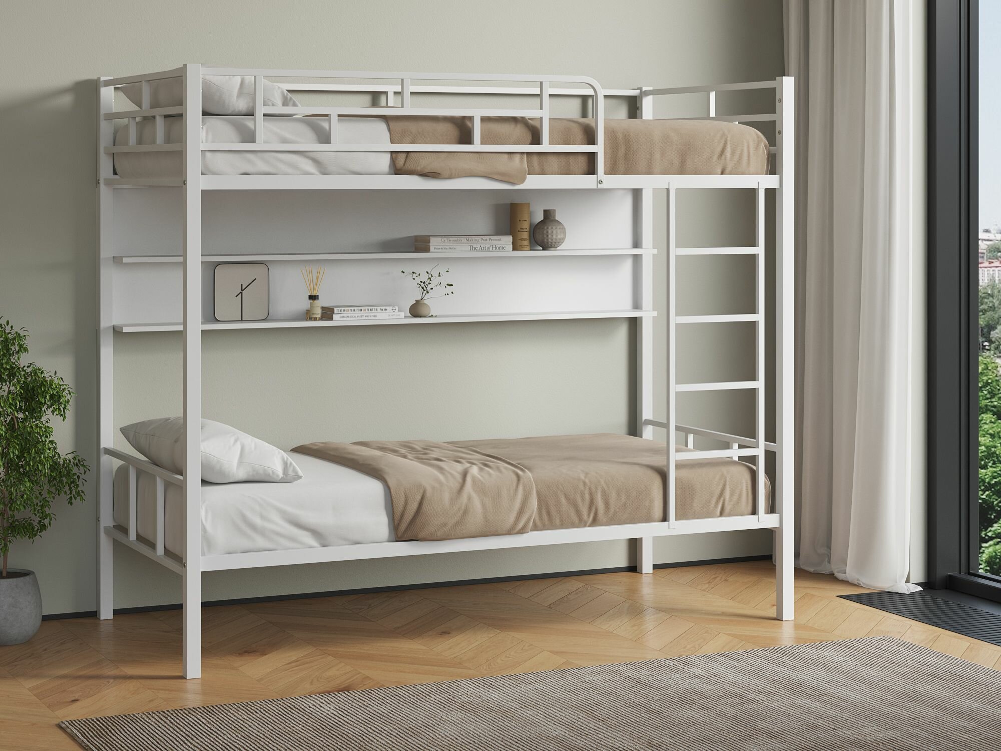 Двухъярусная металлическая кровать "Валенсия" Белая с полкой Белый