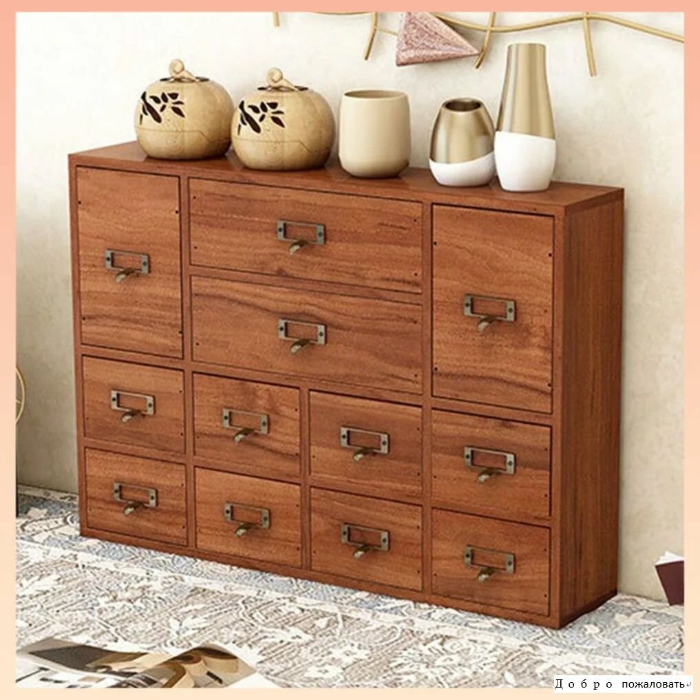 Эксклюзивный аптекарский шкаф из дерева на 12 ящиков для хранения в библиотеке