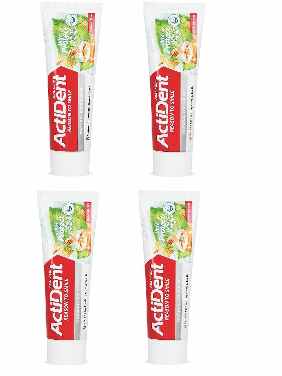 Зубная паста Actident Ultra Protect Мёд и Прополис, без триклозана, 100 г, 4 шт