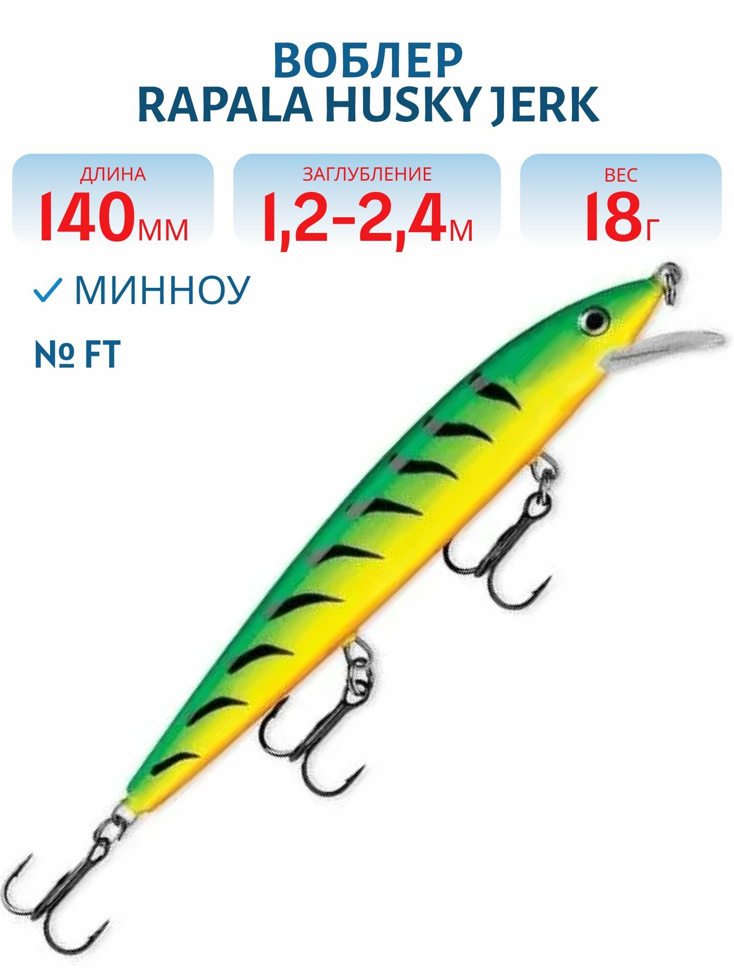 Воблер Rapala Husky Jerk 14, 140 мм, 18 гр, цвет FT
