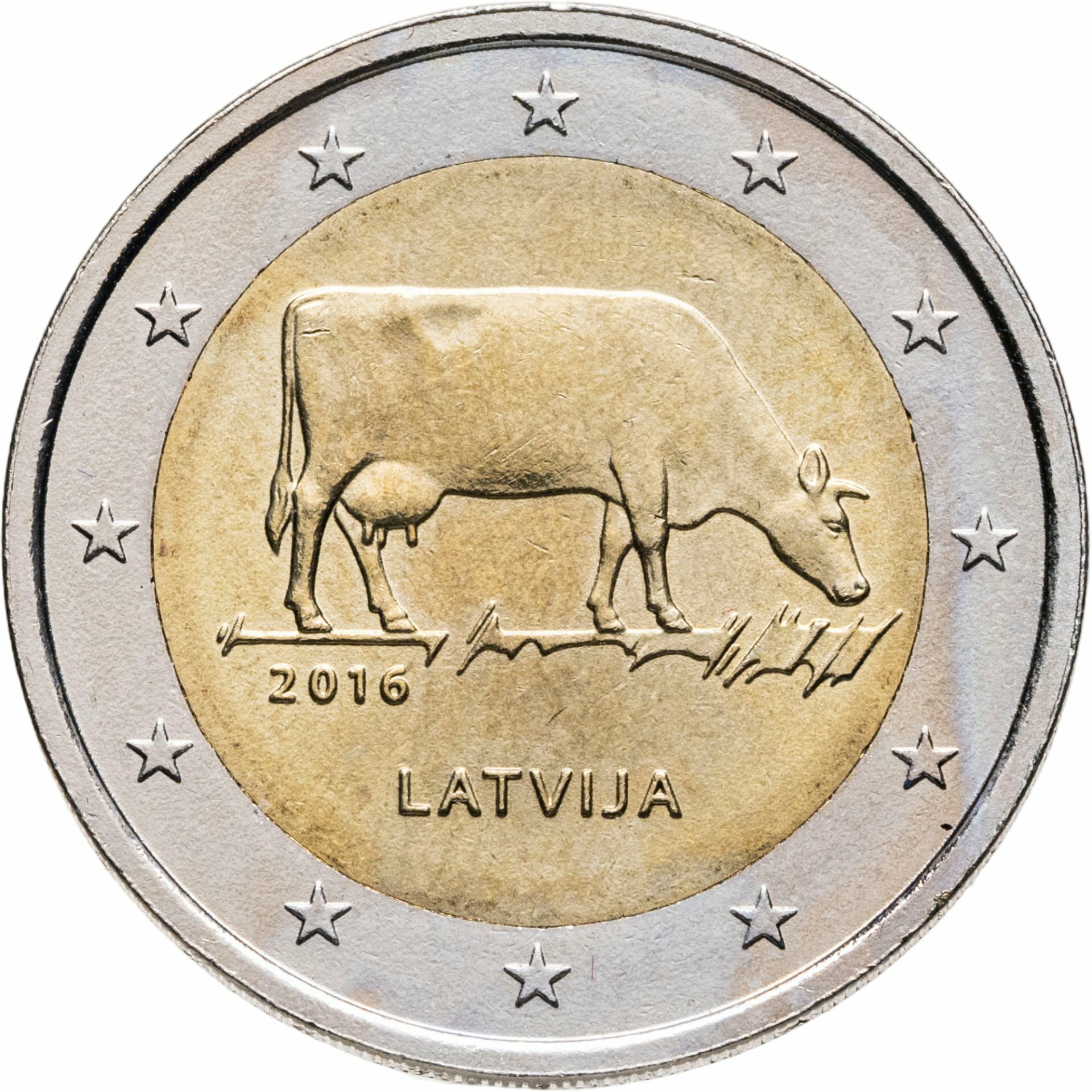 Латвия 2 евро 2016 Латвийская бурая корова, Биметалл, в сохранности AU-UNC