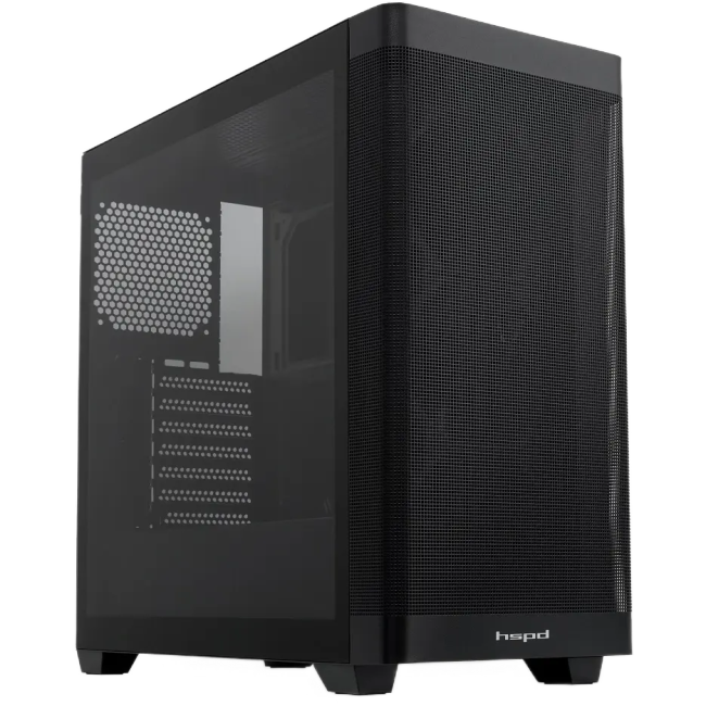 M740-TGBK HSPD Корпус без блока питания/ Case HSPD M740, Mesh Mid Tower, Black, TG, 0.6 SPCC, no fans, E-ATX, ATX, mAT