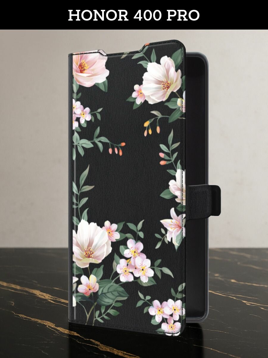 Чехол-книжка на Honor 400 Pro (Хонор 400 Про) с картой и принтом "Beautiful white flowers"