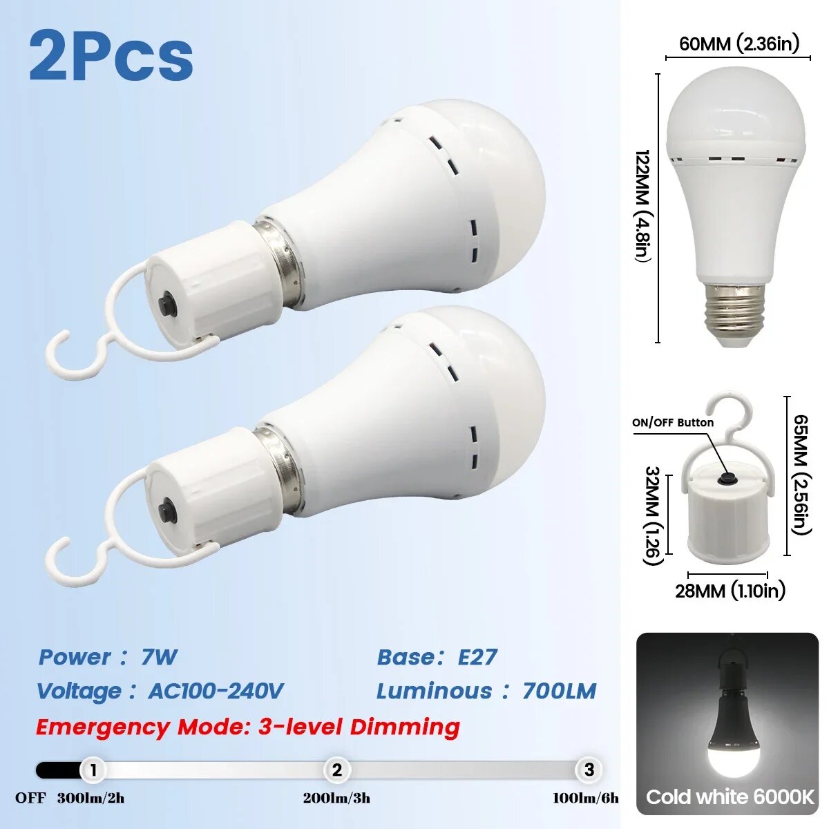Аккумуляторная светодиодная лампа Gatetop E27 7Вт для дома 2pcs