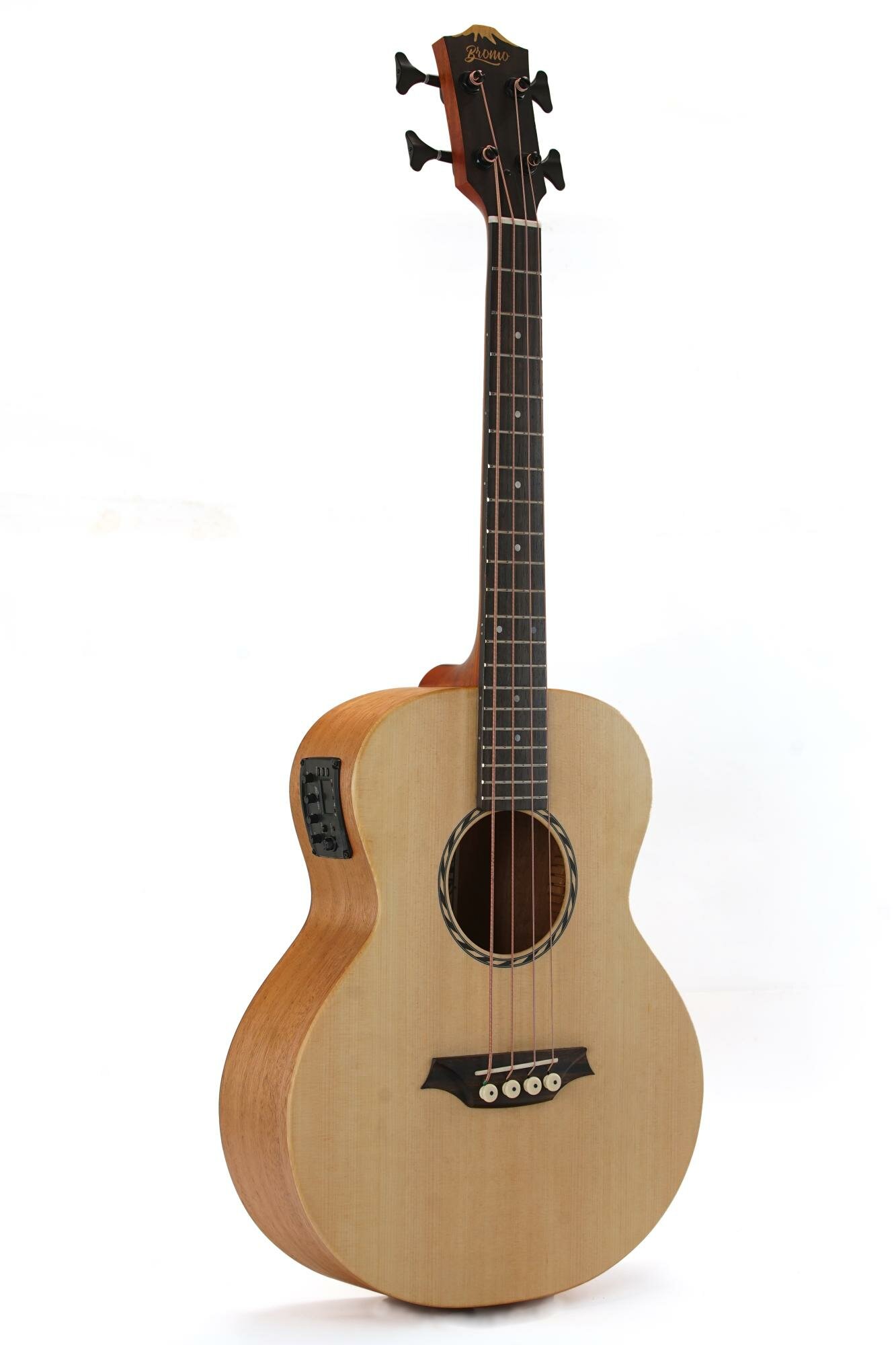 Bromo BAT8E Bass Гитара электроакустическая Mini Jambo, верхняя дека: цельная ель, нижняя дека и обечайка: махагони, гриф: махагони с двумя эбеновыми вставками, накладка грифа: макассарский эбен, двухсторонний анкер, колки: литые "Mt. Bromo", черные, элек