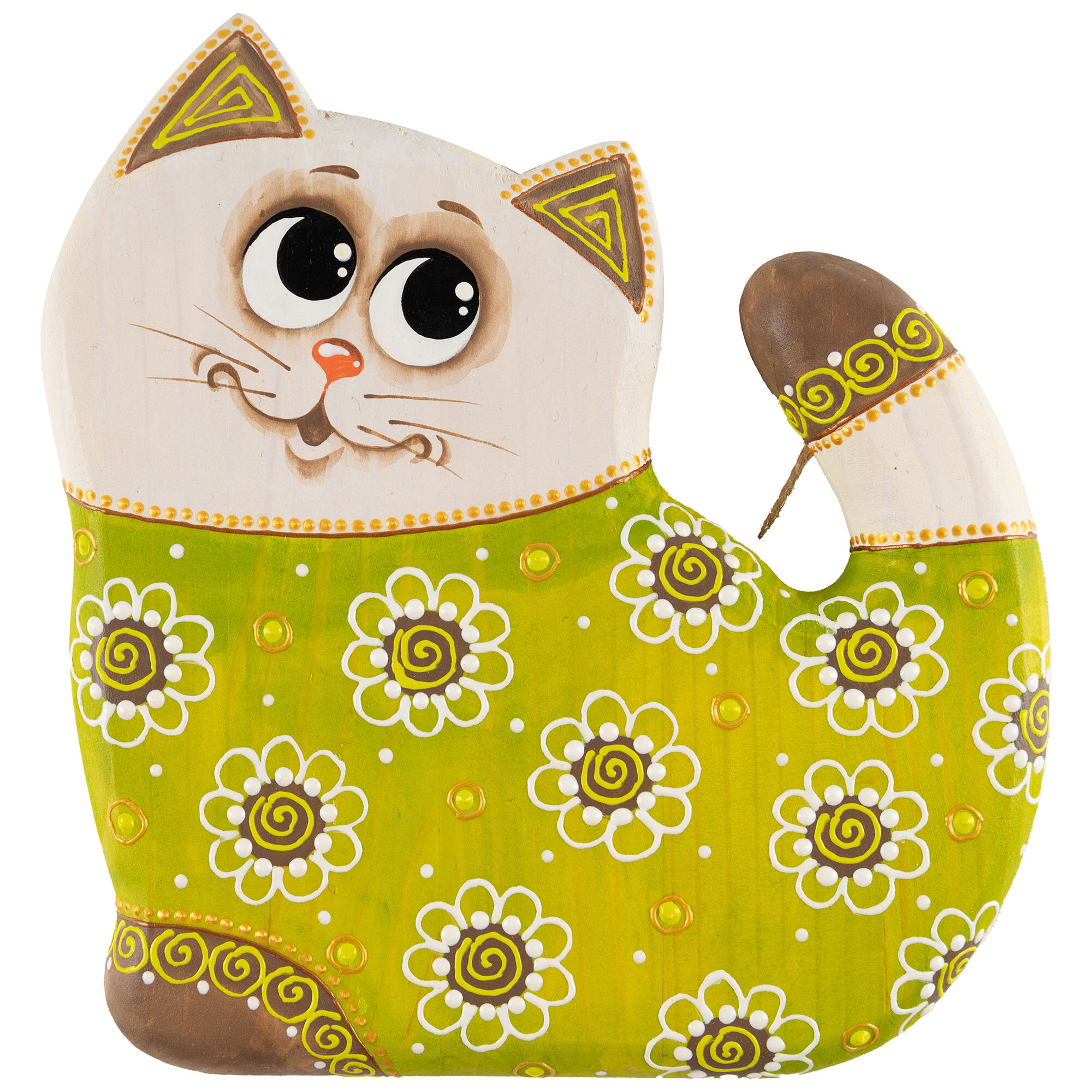 Подвеска деревянная ручной работы Кошка Дуся зелено-желтый узор (692503)
