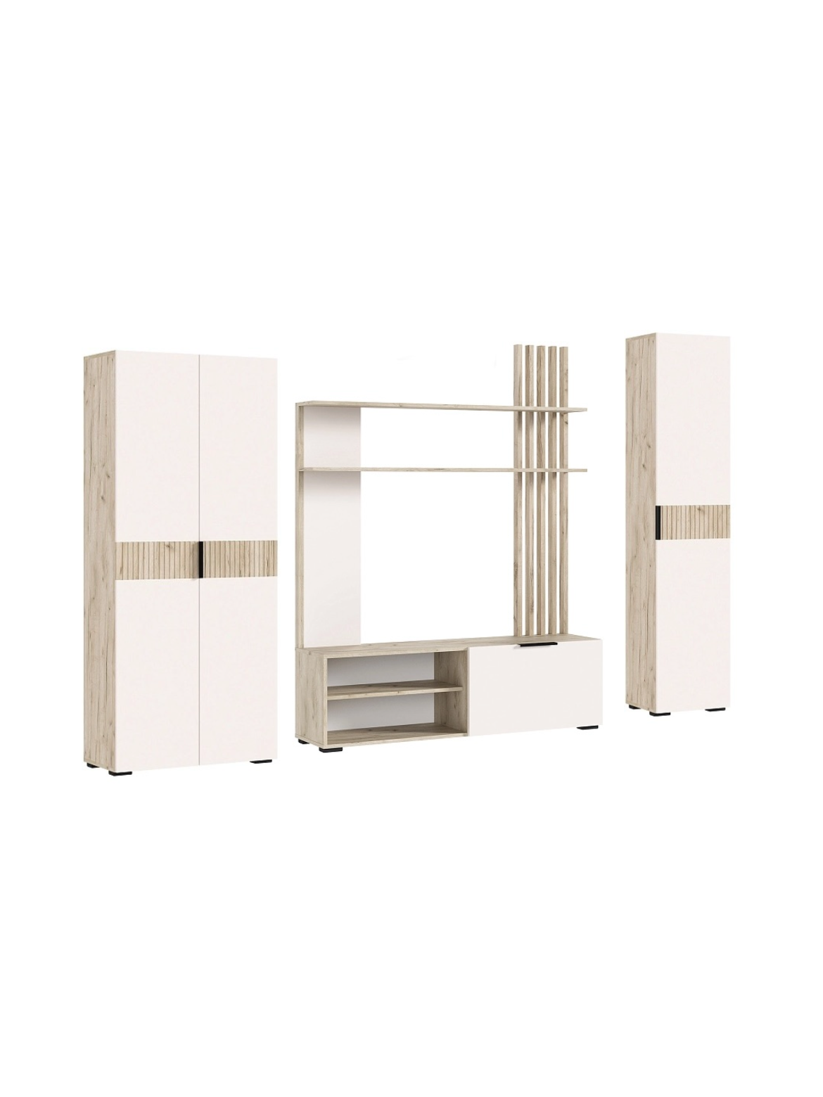 Модульная гостиная стенка, шкаф двухдверный 800 мм, пенал 400 мм, Роджина, 260х182.6х35 см, Дуб крафт серый / Кашемир