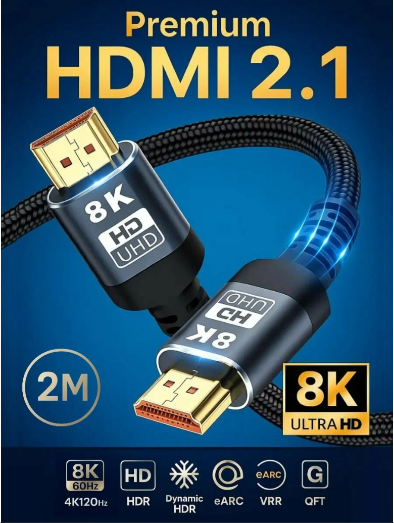 Кабель HDMI Premium, версия 2.1, тканевая оплётка, поддержка 8K/60 Гц, чёрный, 2 м