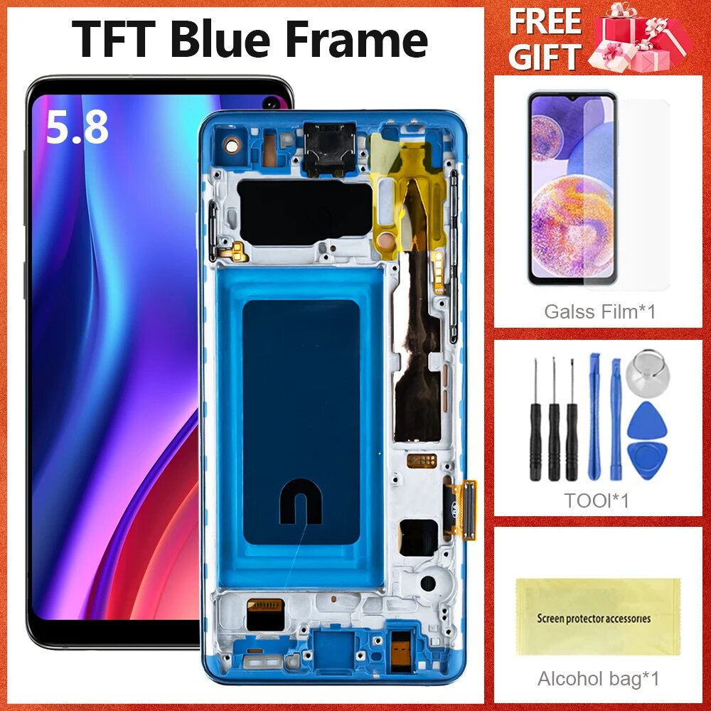 6,1 'для Samsung Galaxy S10 SM-G973F/DS G973U G973 ЖК-дисплей S10 ЖК-дисплей с цифровым преобразователем сенсорного экрана в сборе TFT Blue Frame