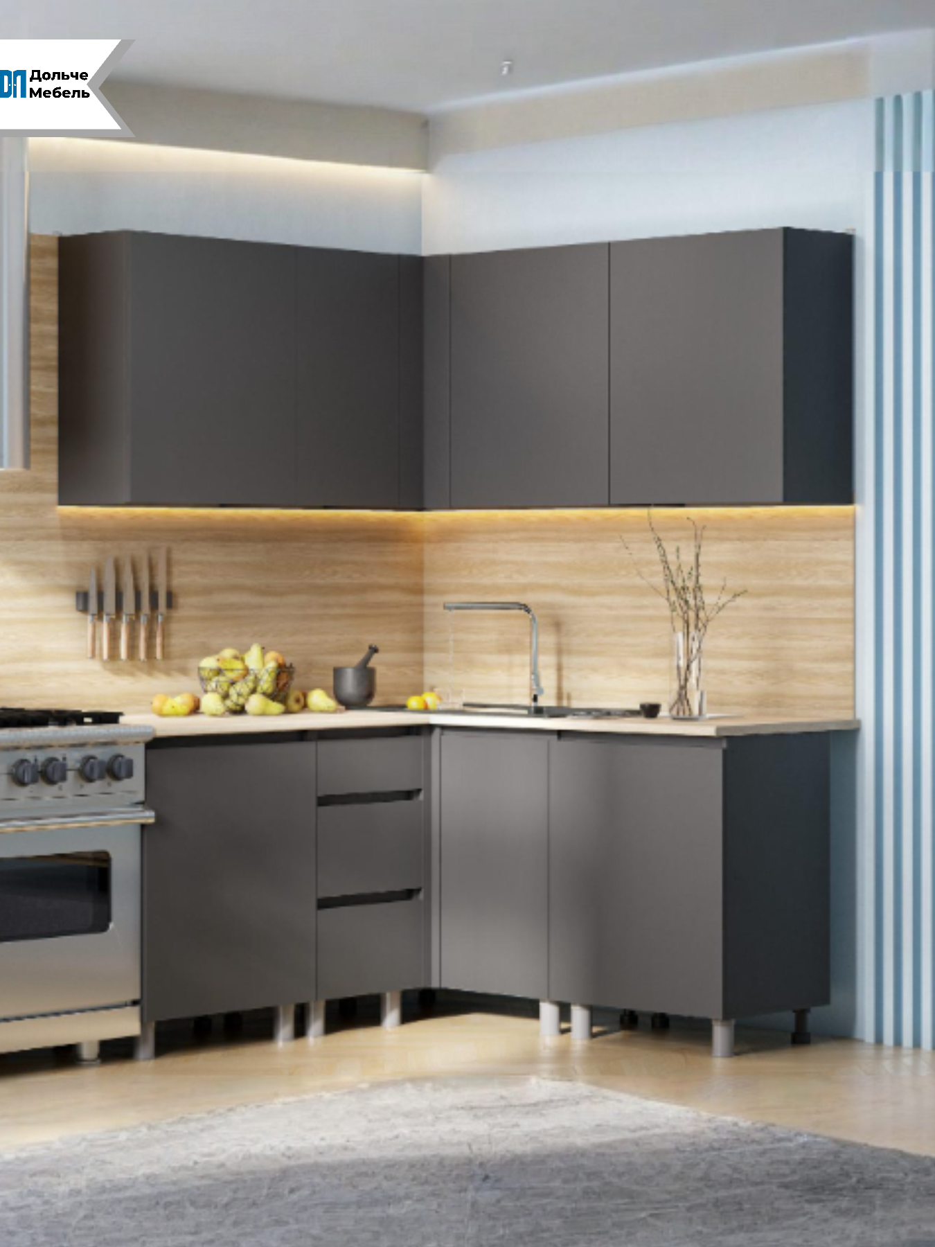 Кухонный гарнитур угловой Денвер 160х160 см, модульная кухня без столешницы, цвет графит серый