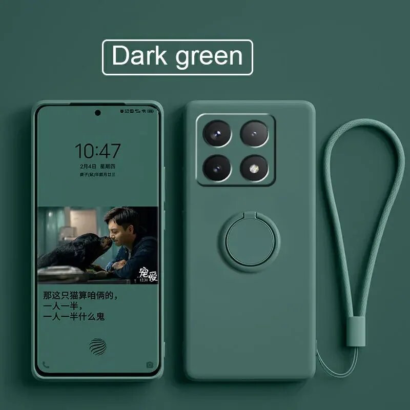 Чехол для Xiaomi 14T из жидкого силикона, темно-зеленый, с кольцом