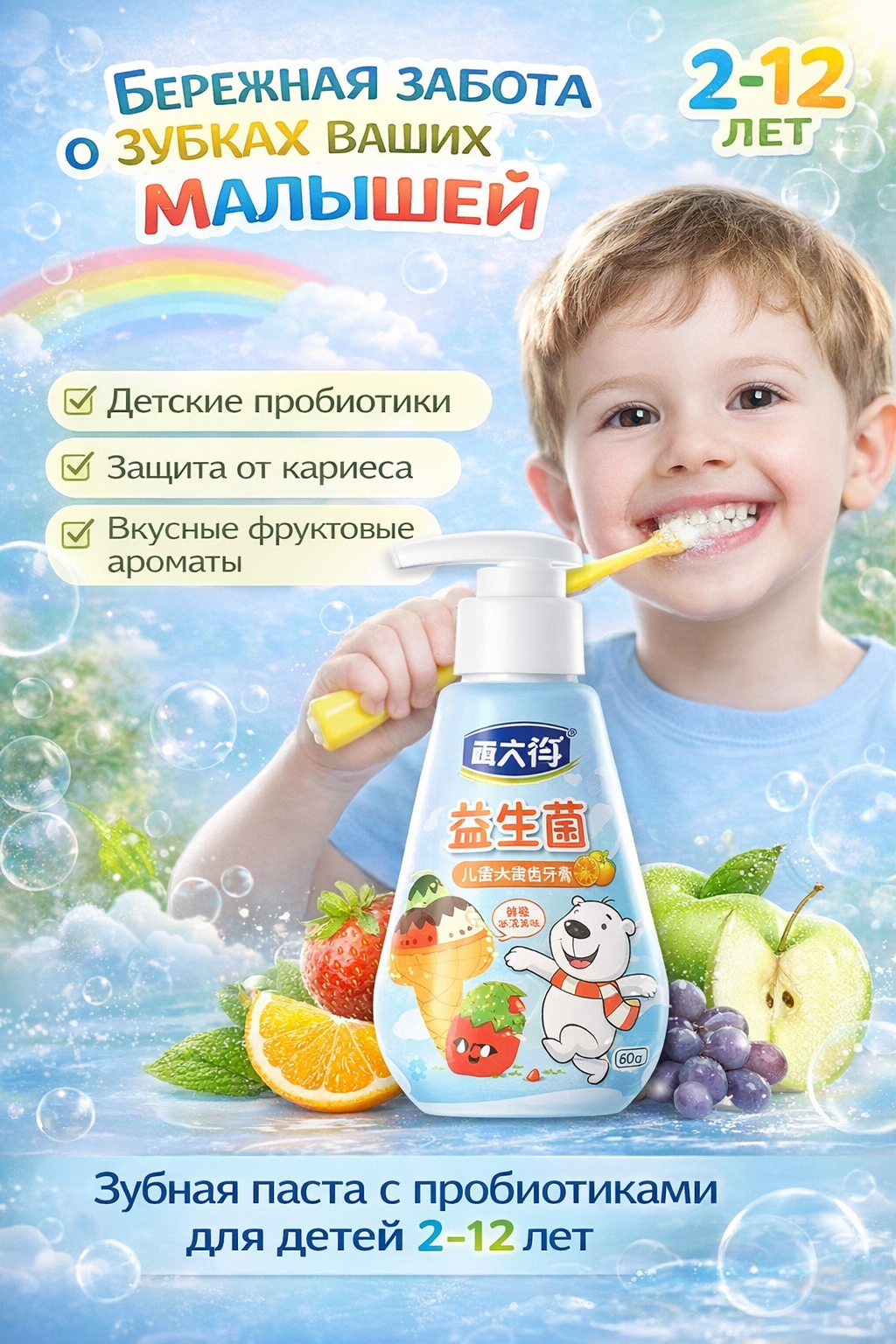 Детская зубная паста BIGHEADEDBIRD с тройной защитой эмали, вкус мороженого, 1–15 лет
