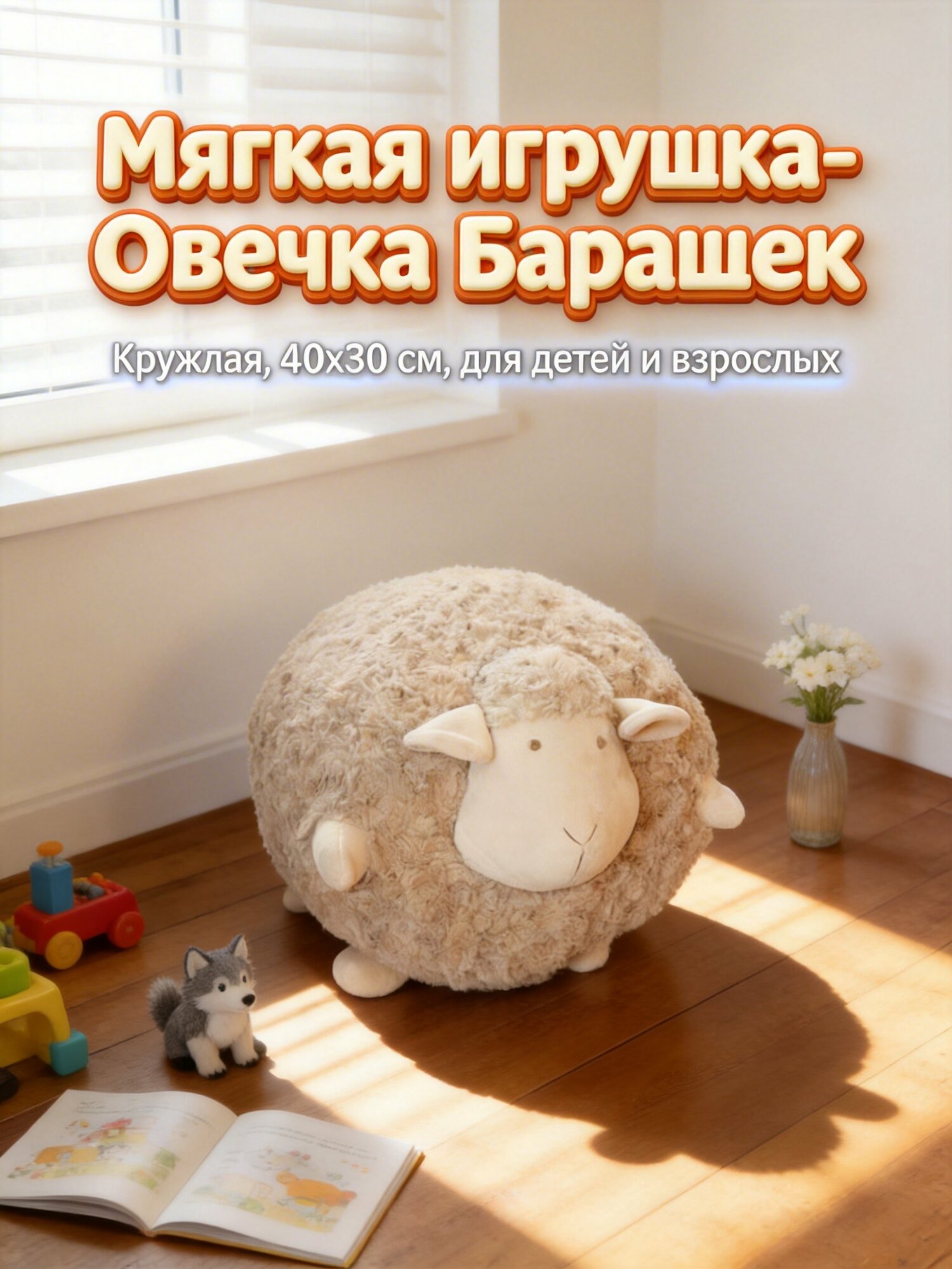 Мягкая игрушка-подушка Овечка Барашек, круглая 40x30 см для детей и взрослых — уютный аксессуар для сна, игр и домашнего декора