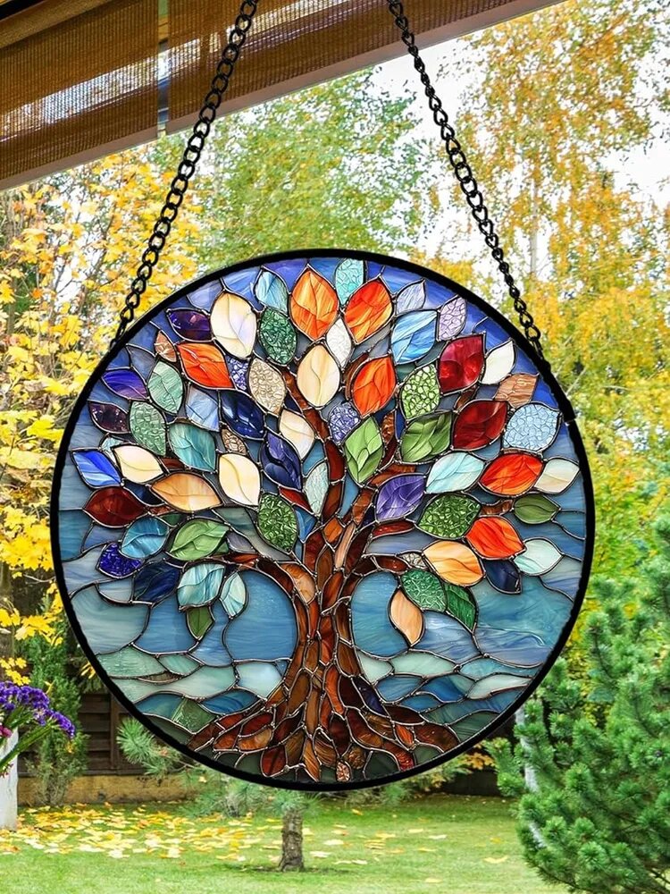 Подвеска из витражного стекла, дерево жизни синие тона, солнечный ловец 15 см, панель из стекла, декор дома