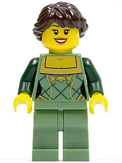 Минифигурка Lego cty0444 Sand Green Female Corset with Gold Trimmed Front, Sand Green Legs, Dark Brown Hair Ponytail Long French Braided