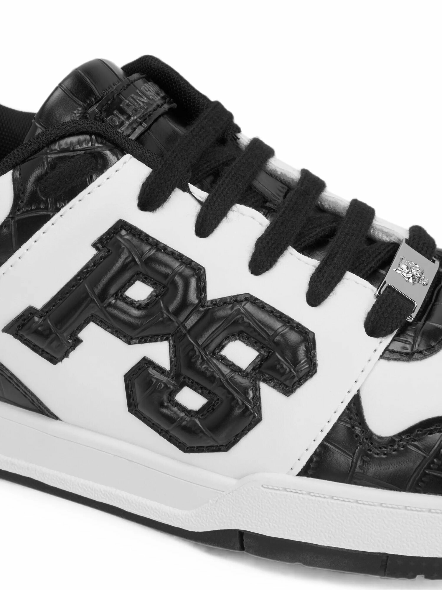 Кроссовки PLEIN SPORT Perforated-toe croc-effect sneakers, размер 43, бежевый/белый — фото 1