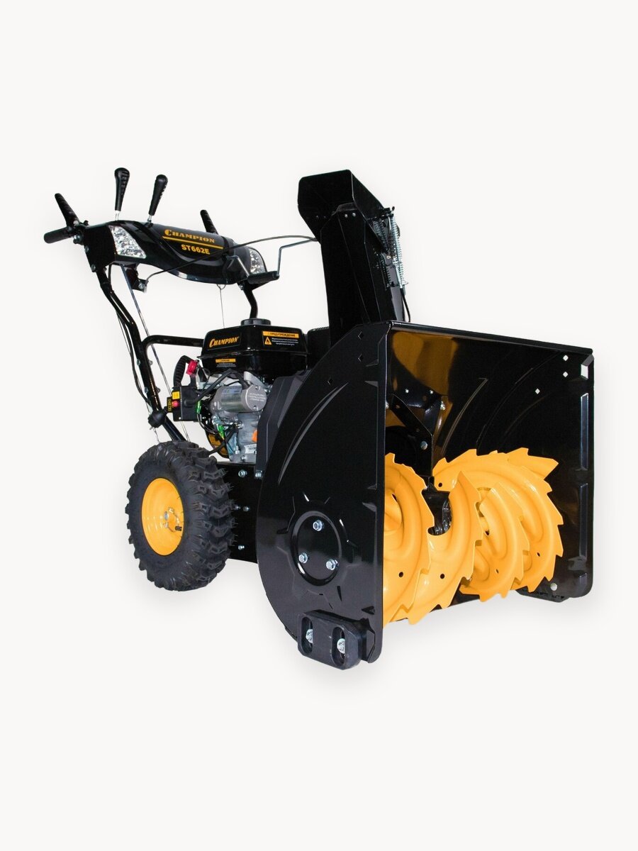 Снегоуборщик бензиновый самоходный с электростартером CHAMPION ST662E (6,5лс 61см колеса 80,5 кг , фары, обогрев рук)